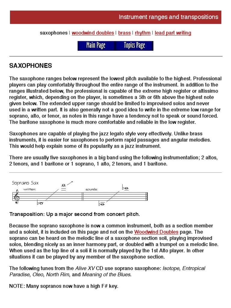 Saxophone Ranges and Transpositions | Download Free PDF | Saxophone | Clef