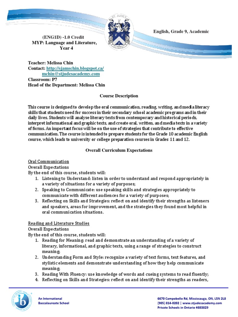 English 9 - EnG1D - Sept 2014 - Syllabus | PDF | Reading (Process ...