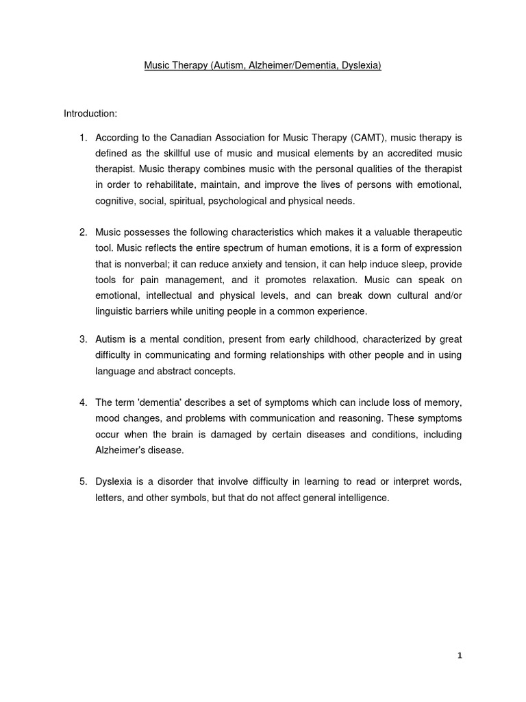 Music Therapy Outline | PDF | Dyslexia | Psychotherapy