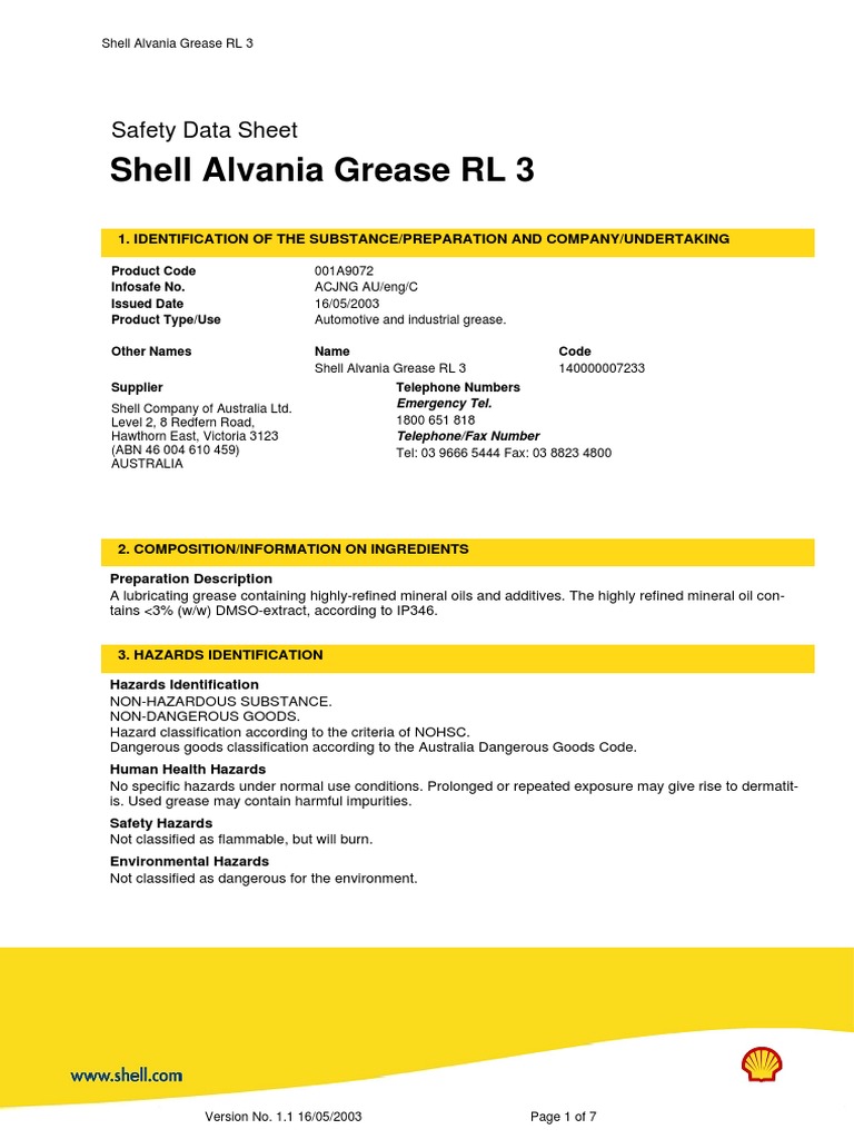 Shell Alvania Grease RL 3 | Dangerous Goods | Toxicity
