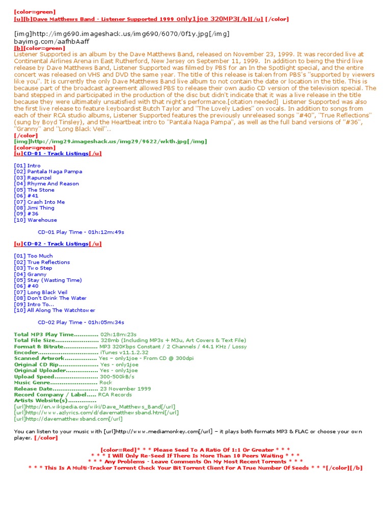 Dave Matthews Band - Listener Supported 1999 Only1joe 320MP3 | PDF ...
