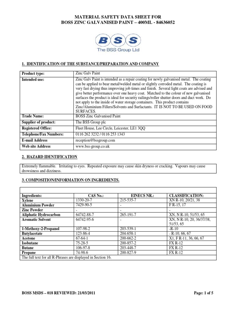 Material Safety Data Sheet For Boss Zinc Galvanised Paint - 400Ml ...