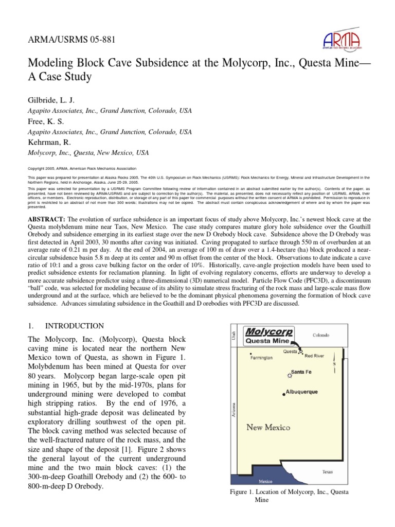 Modeling Block Cave Subsidence at The Molycorp Inc Questa Mine A Case ...