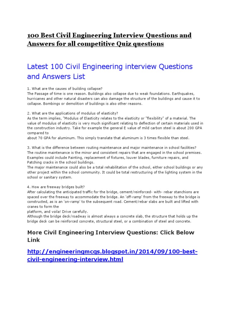 Latest 100 Civil Engineering Interview Questions and Answers List | PDF