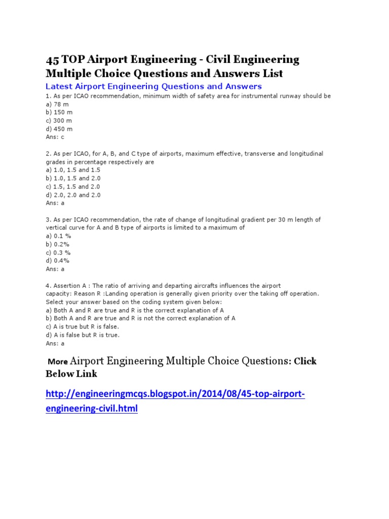 45 TOP Airport Engineering - Civil Engineering Multiple Choice ...