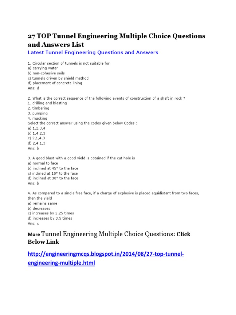 Tunnel Engineering Multiple Choice Questions | PDF