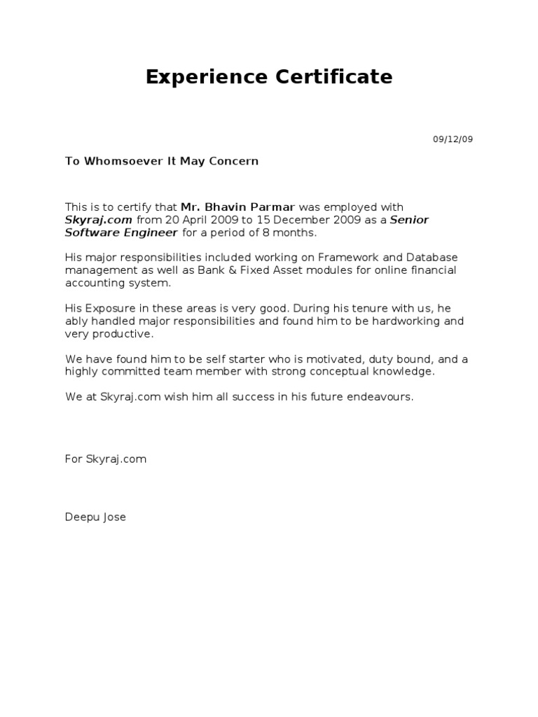 Experience Certificate