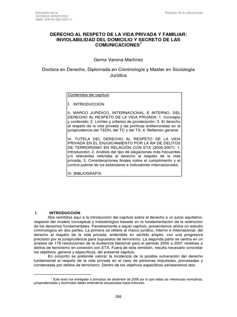 Derecho Al Respeto de La Vida Privada y Familiar. Inviolabilidad Del Domicilio y Secreto de Las ...
