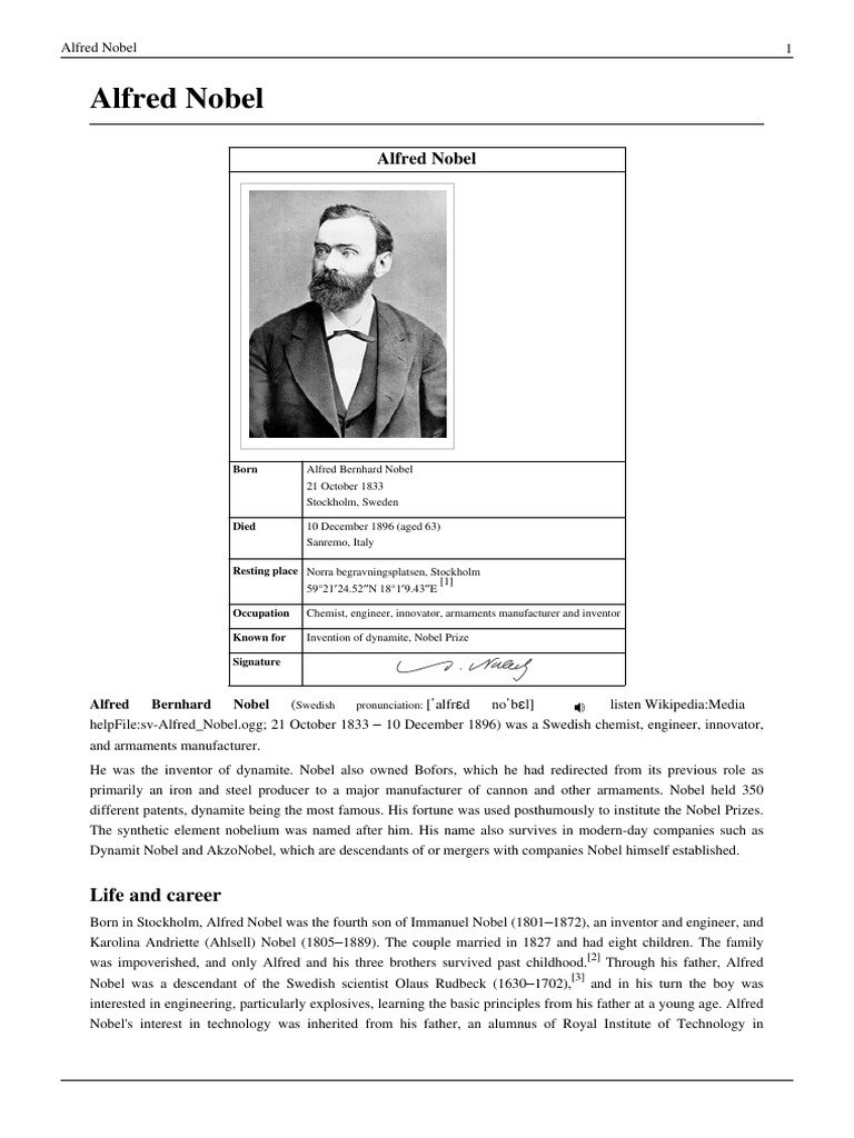 Alfred Nobel | PDF | Nobel Family | Science