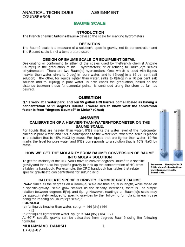 Baume Scale: Pure Water 15 (W/W) % Nacl Calibration of A Heavierthan ...