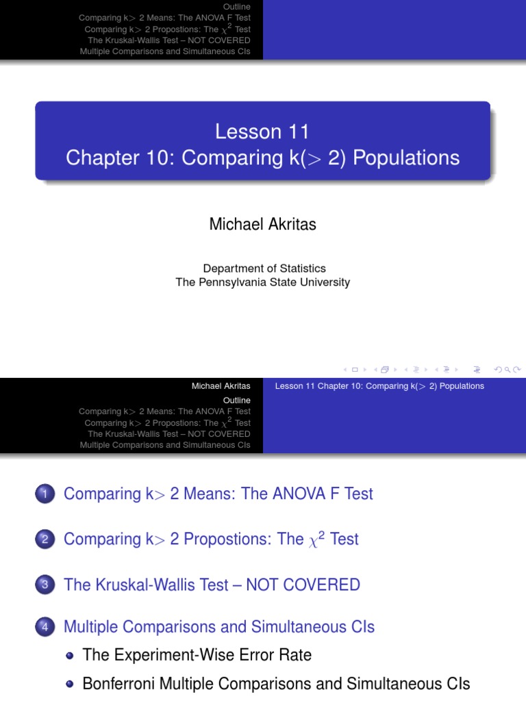 Lesson 11 Chapter 10: Comparing K ( 2) Populations: Michael Akritas ...