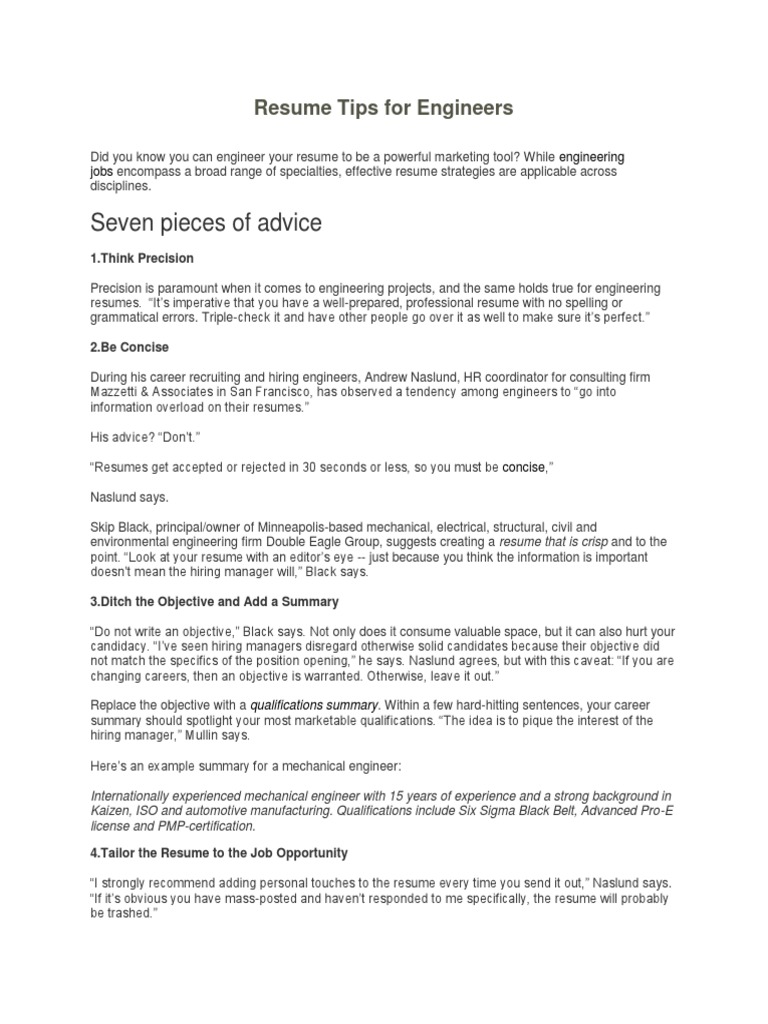 Seven Pieces of Advice: Resume Tips For Engineers | PDF | Résumé ...