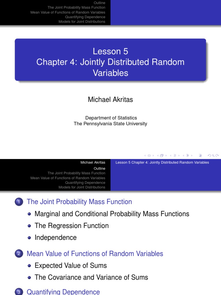 Lesson 5 Chapter 4: Jointly Distributed Random Variables: Michael Akritas | Download Free PDF ...