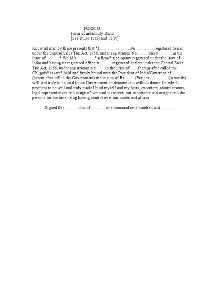 FORM G Form of Indemnity Bond (See Rules 12 (2) and | PDF