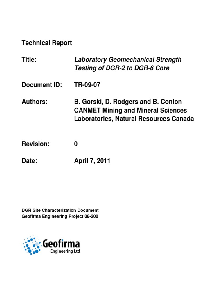 TR 09 07 Lab Stength Testing of DGR 2 To DGR 6 Core R0 | PDF | Strength ...
