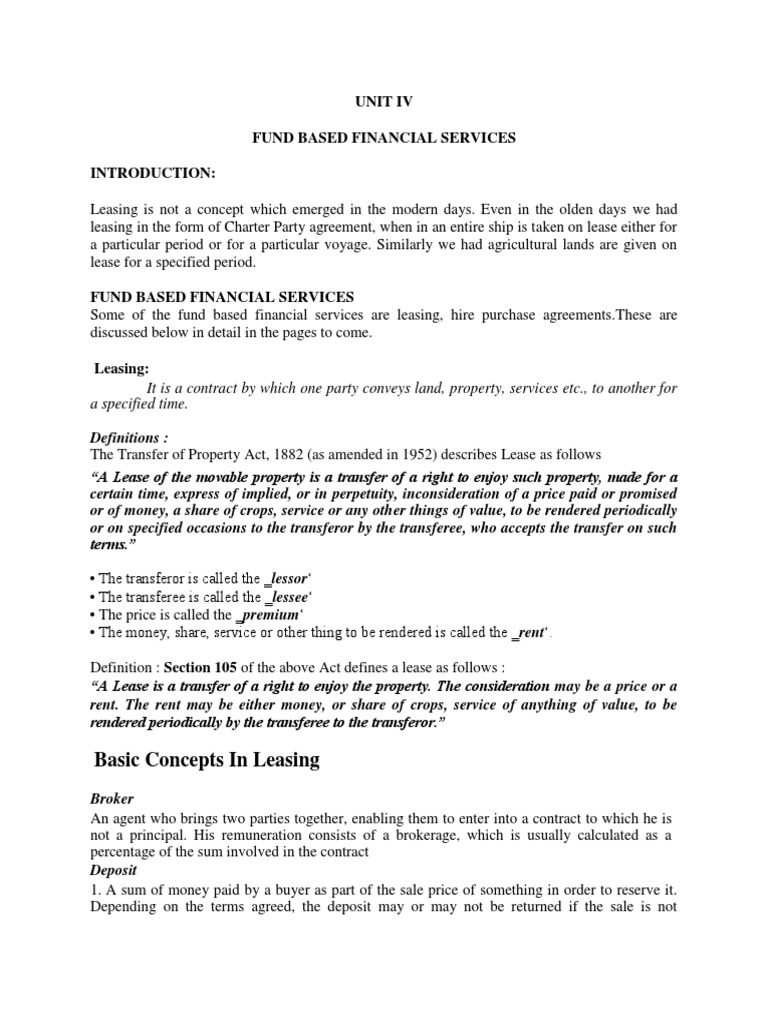 Unit Iv Fund Based Financial Services: Basic Concepts in Leasing | PDF ...