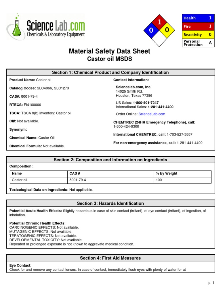 MSDS Castor Oil | Toxicity | Flammability