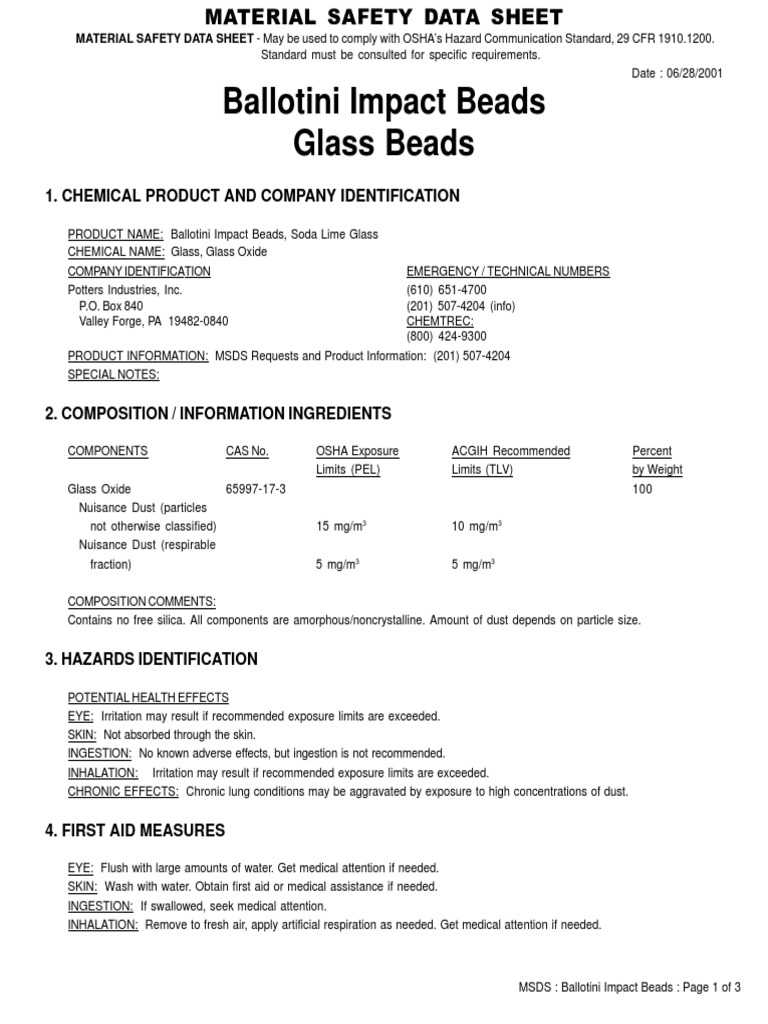 Ballotini Impact Beads MSDS | PDF | Safety | Chemistry