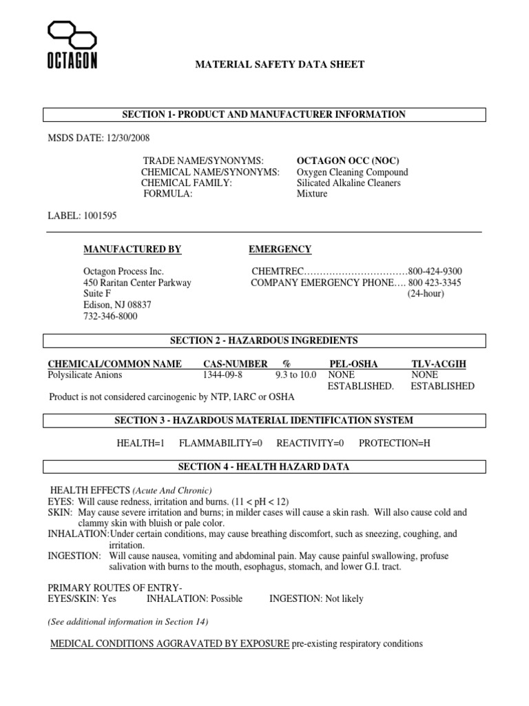 Msds Octagon Process OCC | PDF | Personal Protective Equipment | Water