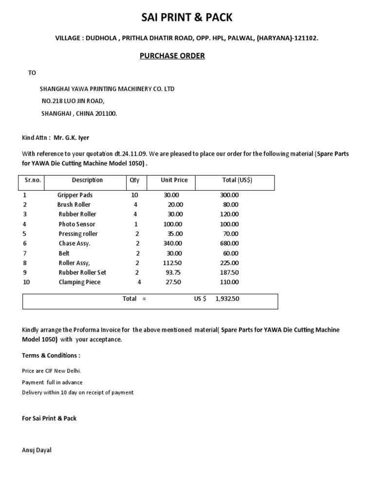 Printing Machinery Spare Parts Order | PDF