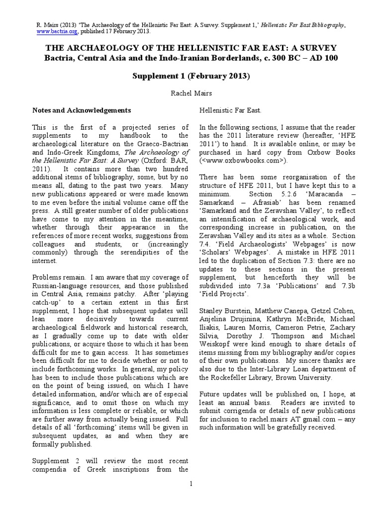 Archaeology of The Hellenistic Far East: A Survey. Supplement 1. Rachel ...