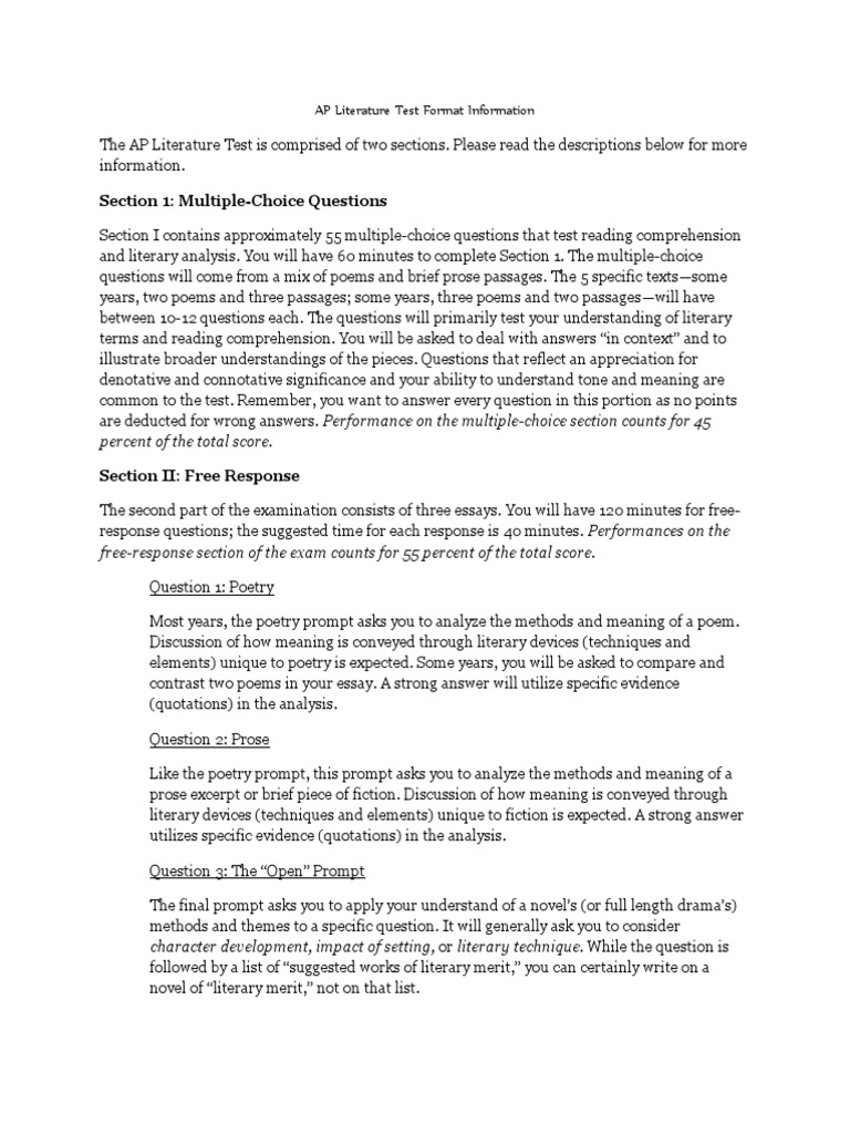 AP Literature Test Format Overview | PDF | Multiple Choice | Poetry