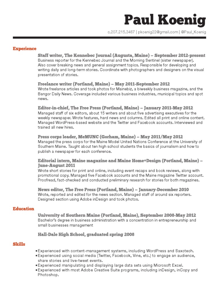 Paul Koenig Resume | PDF | Newspapers | News Media
