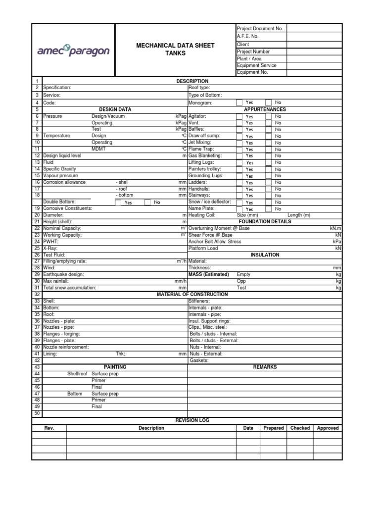 Mechanical Data Sheet Tanks: Description | PDF