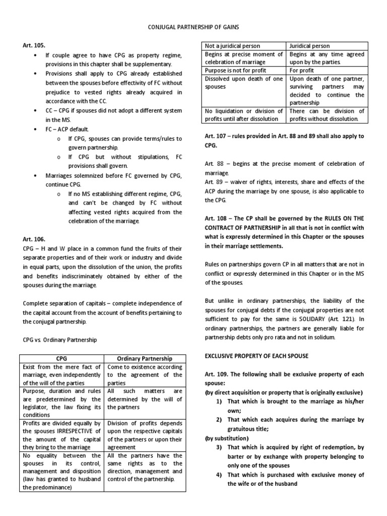 Conjugal Partnership of Gains | PDF | Partnership | Marriage