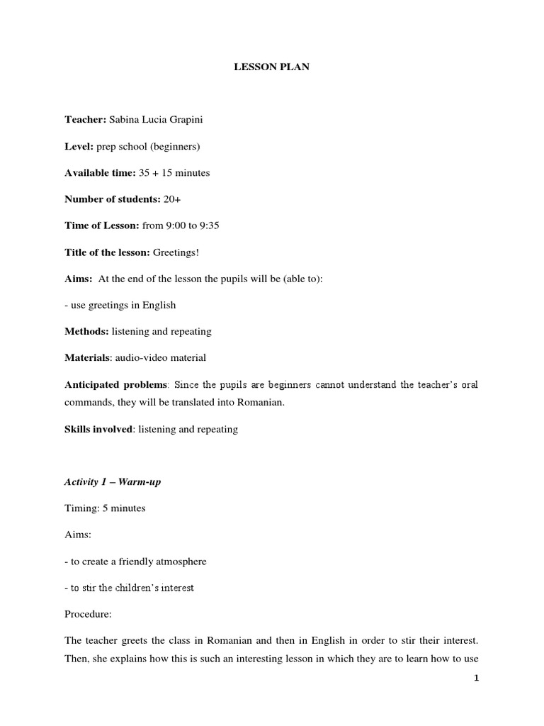 Lesson 1 - Greetings | PDF | Lesson Plan | Teaching