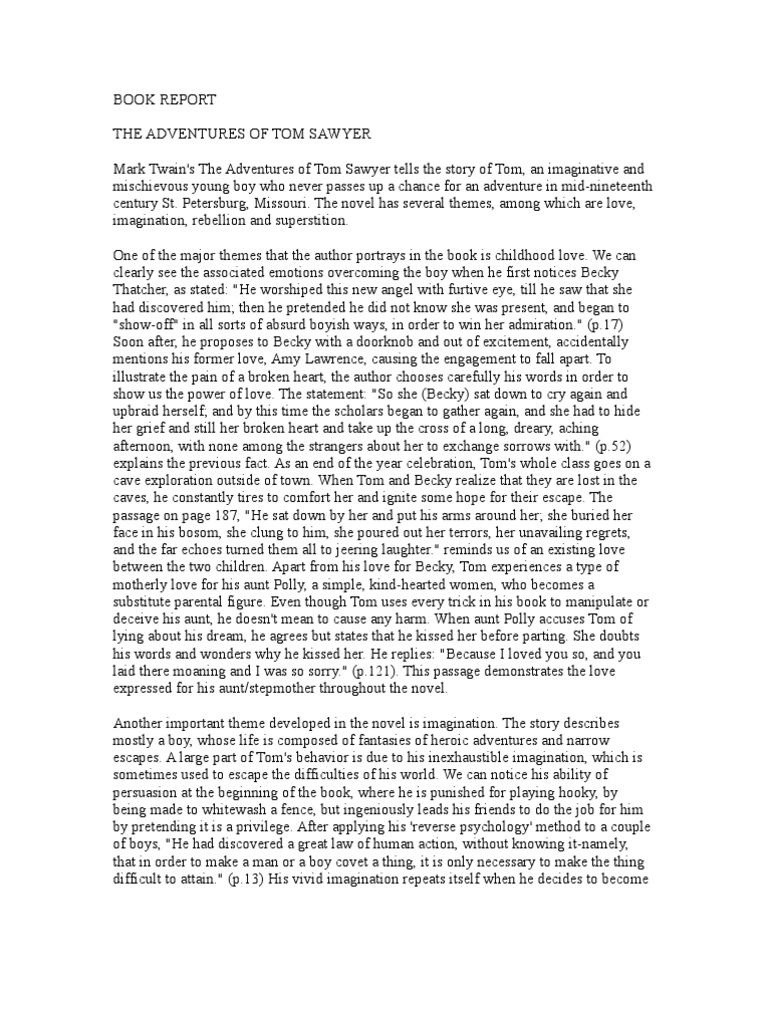 Book Report | PDF | The Adventures Of Tom Sawyer | Huckleberry Finn