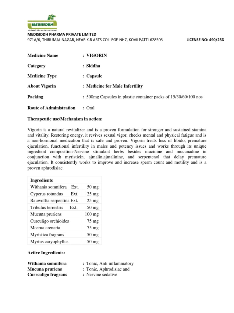 Vigorin Capsule | Download Free PDF | Dose (Biochemistry) | Chemistry