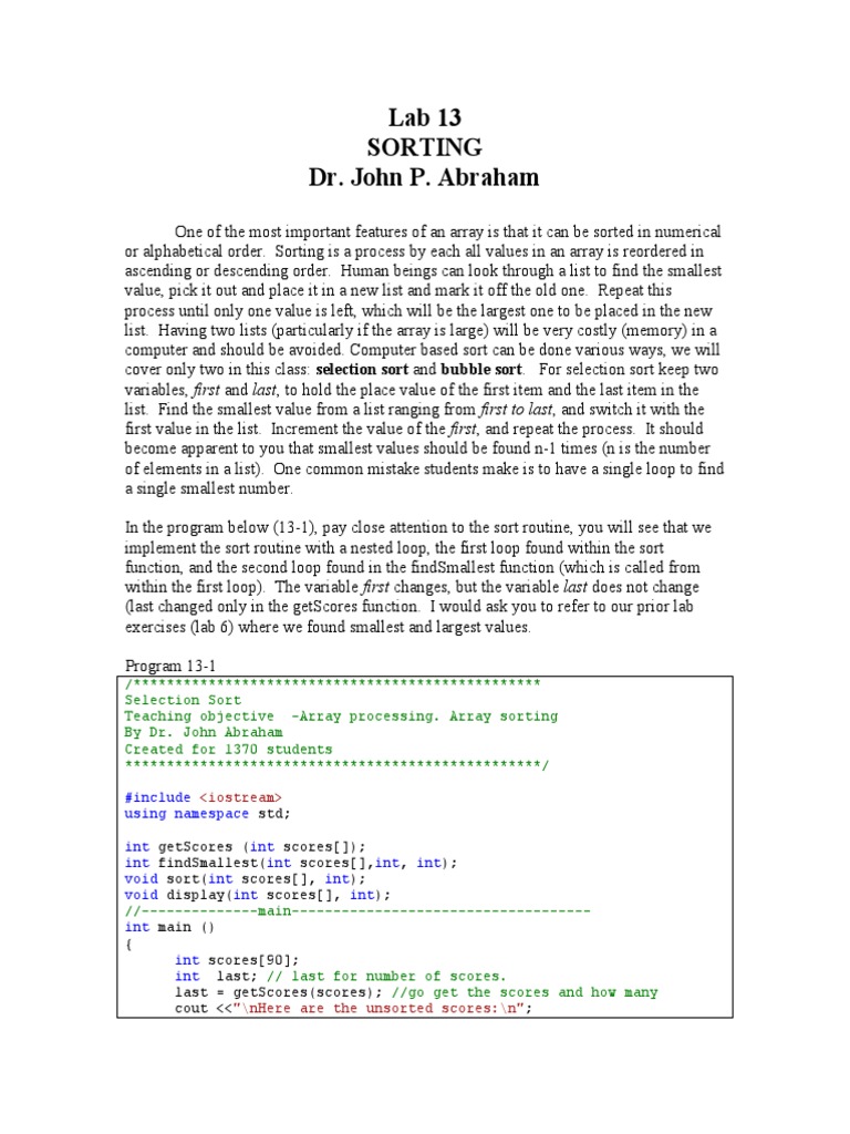 Lab 13 Sortig Dr. John P. Abraham: #Include Using Namespace Int Int Int Int Int Int Void Int Int ...