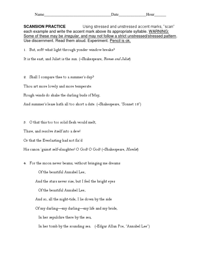 Scansion Practice with Shakespeare Examples | PDF