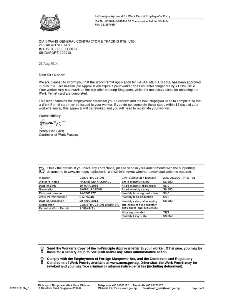 Work Permit Approval for Construction Worker | PDF | Travel Visa ...