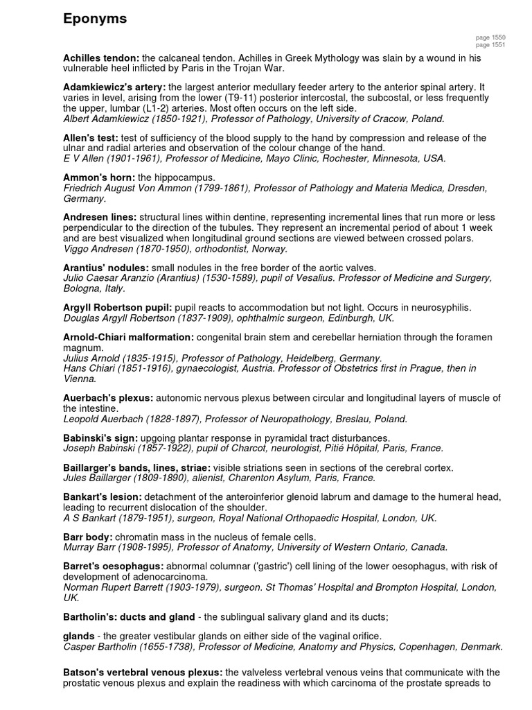 Anatomical Eponyms | PDF | Vertebra | Anatomy