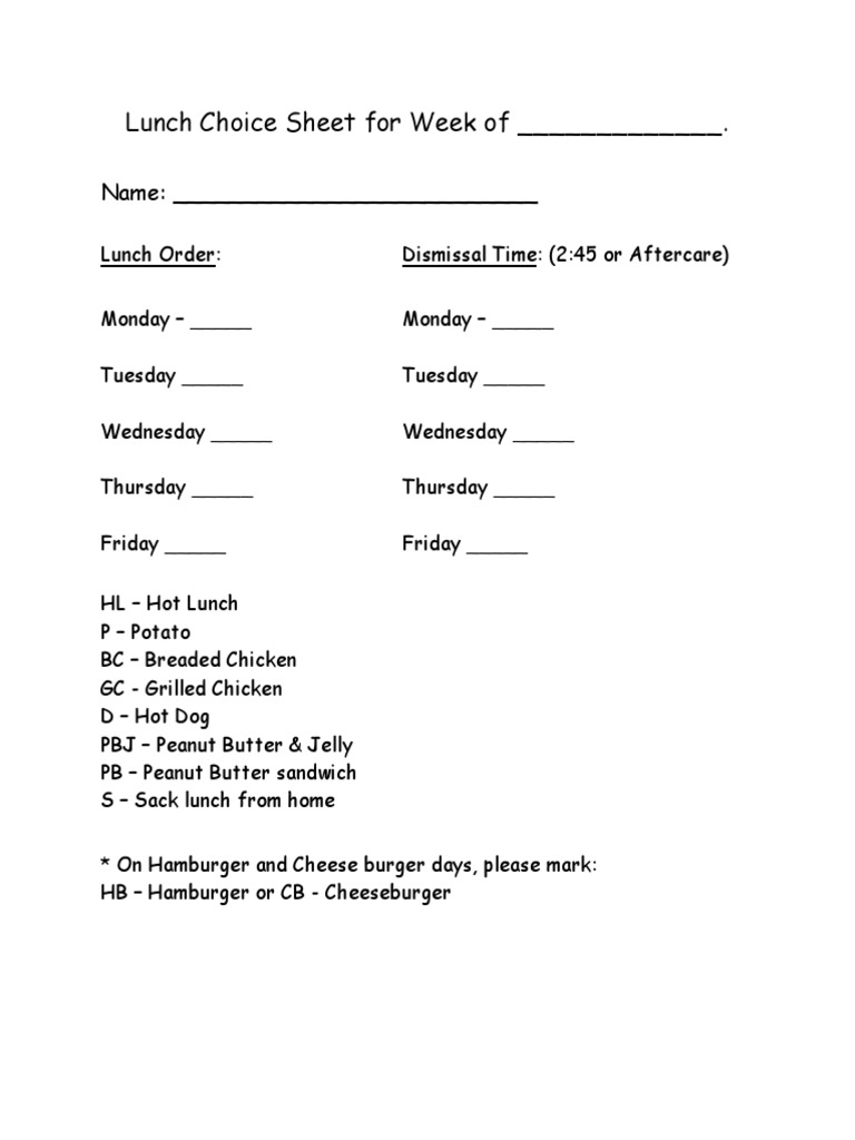 Weekly Lunch Order Form Template | PDF