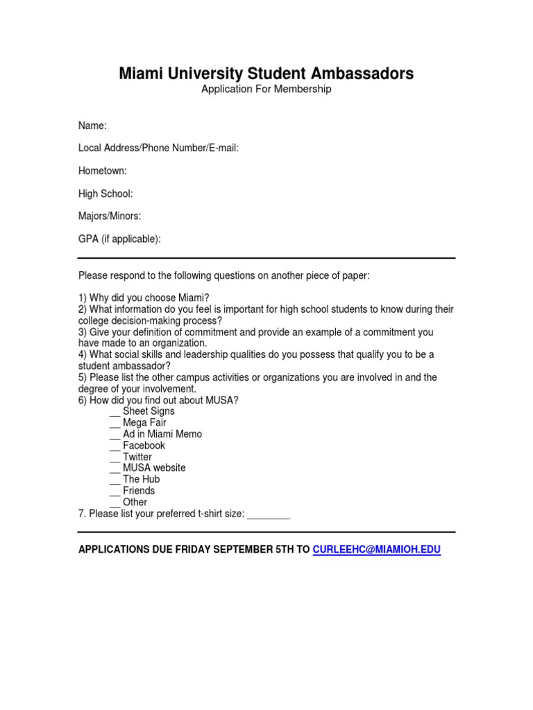 Miami University Ambassador Application | PDF