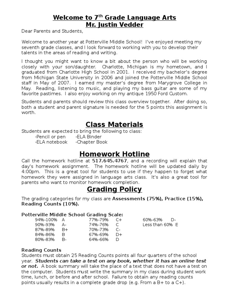 7th Grade Letter | PDF | Homework | Education Theory