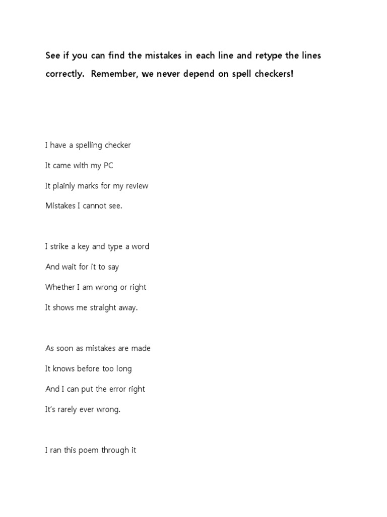 Spell Checker Poem Corrected | PDF