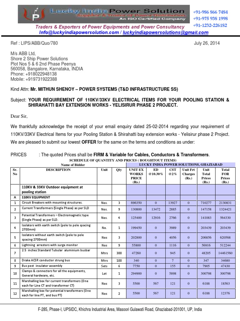 110KV Electrical Equipment Quotation | PDF