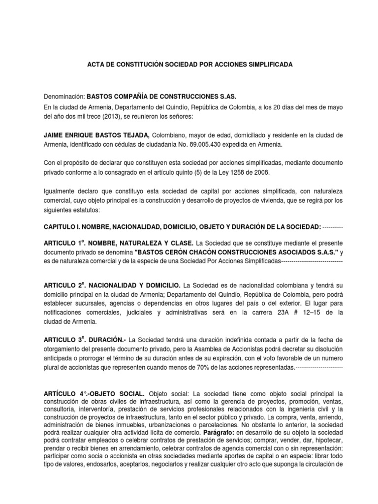 Acta de Constitución Sociedad Por Acciones Simplificada Denominación Acta de Constitución Sociedad Por Acciones Simplificada Denominación