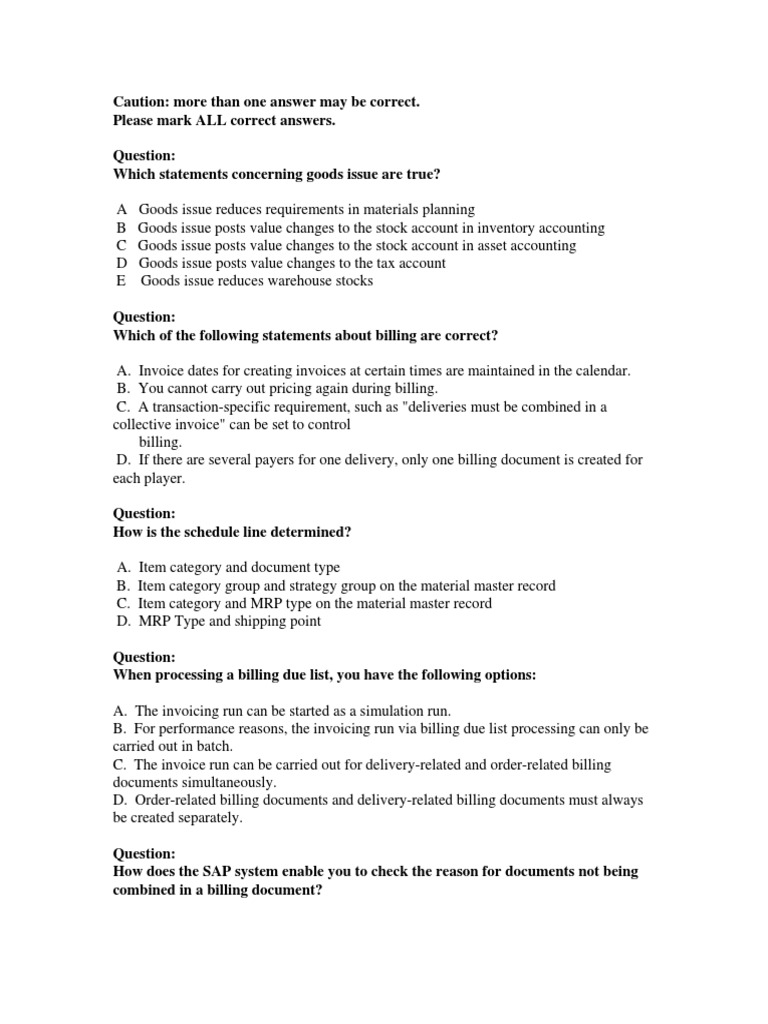 SAP SD Certification Sample Questions | PDF