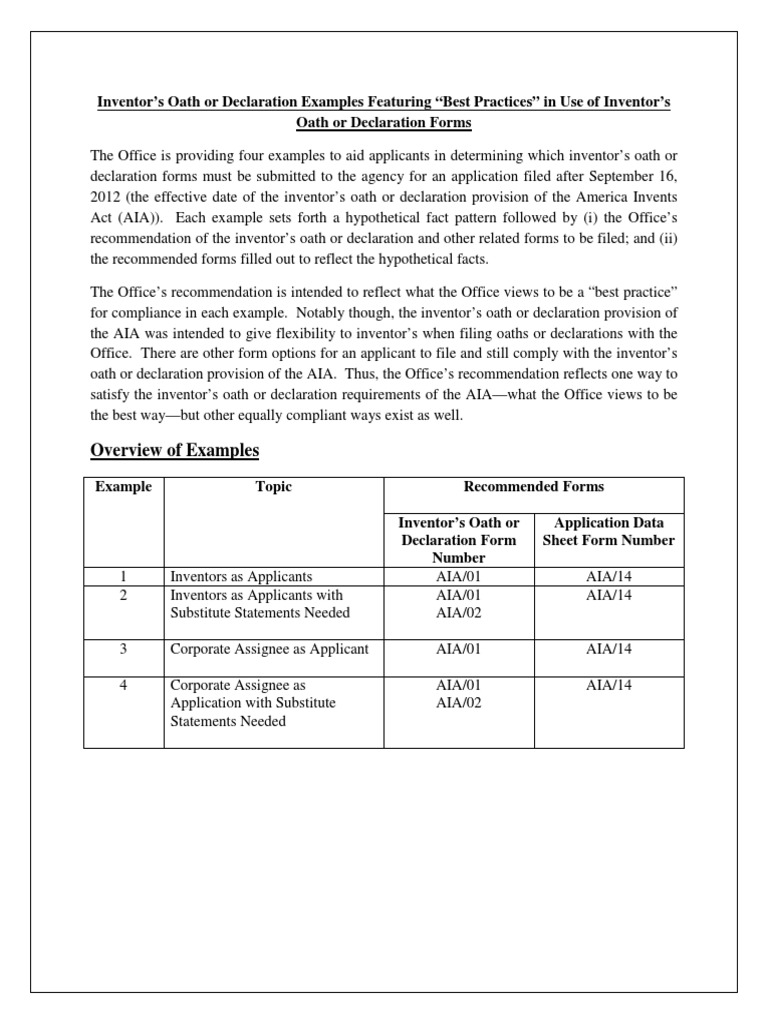 Oath Declaration Examples | Patent Application | United States Patent ...