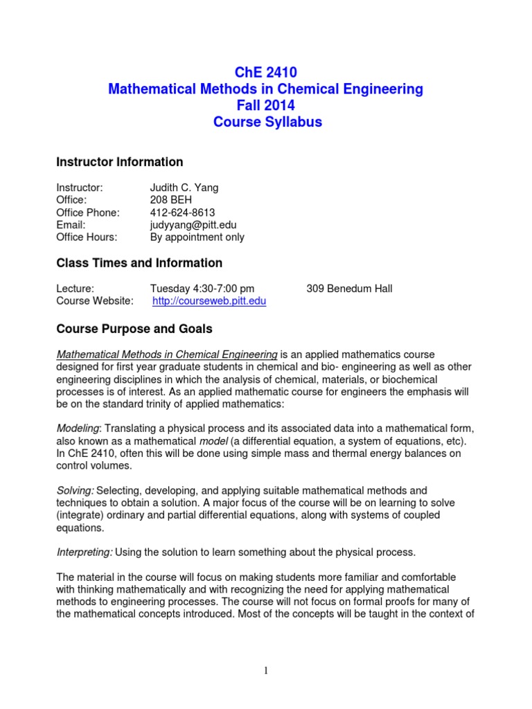 Che 2410 Mathematical Methods in Chemical Engineering Fall 2014 Course Syllabus | PDF | Partial ...