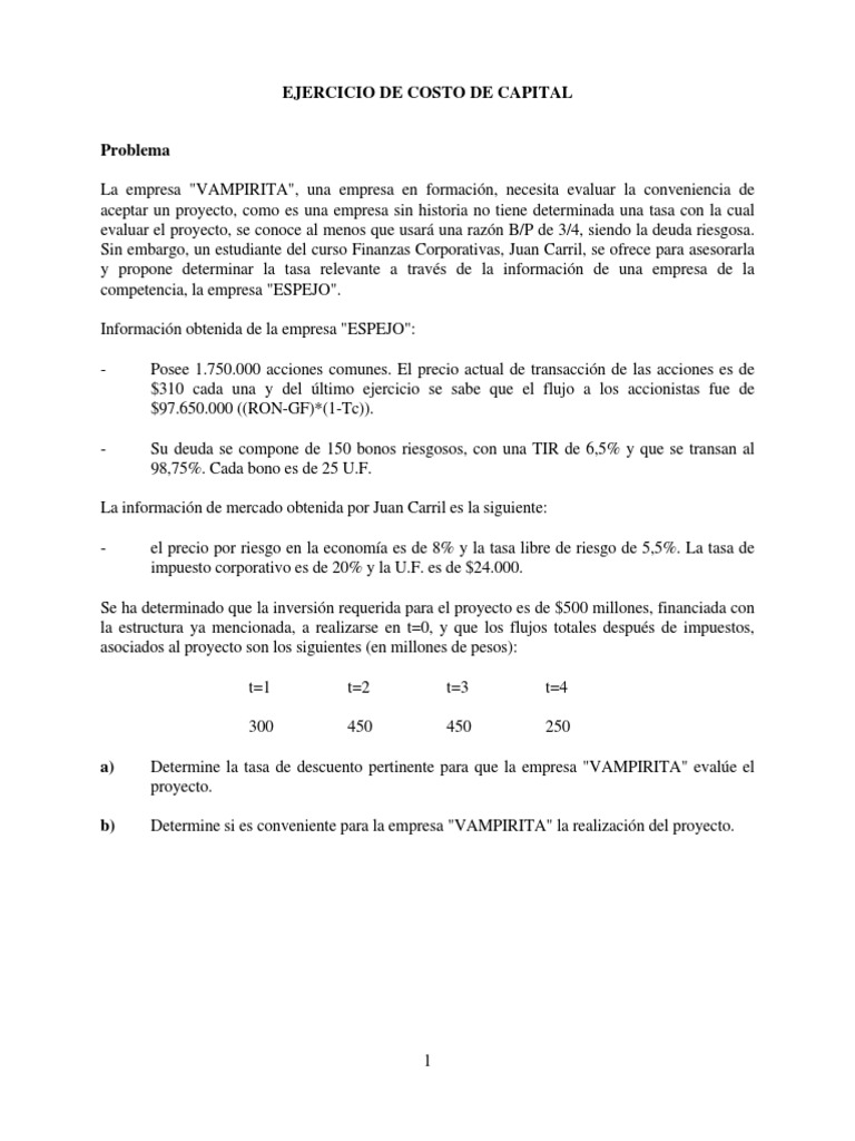 Enunciado de Ejercicio de Costo de Capital | PDF Enunciado de Ejercicio de Costo de Capital | PDF