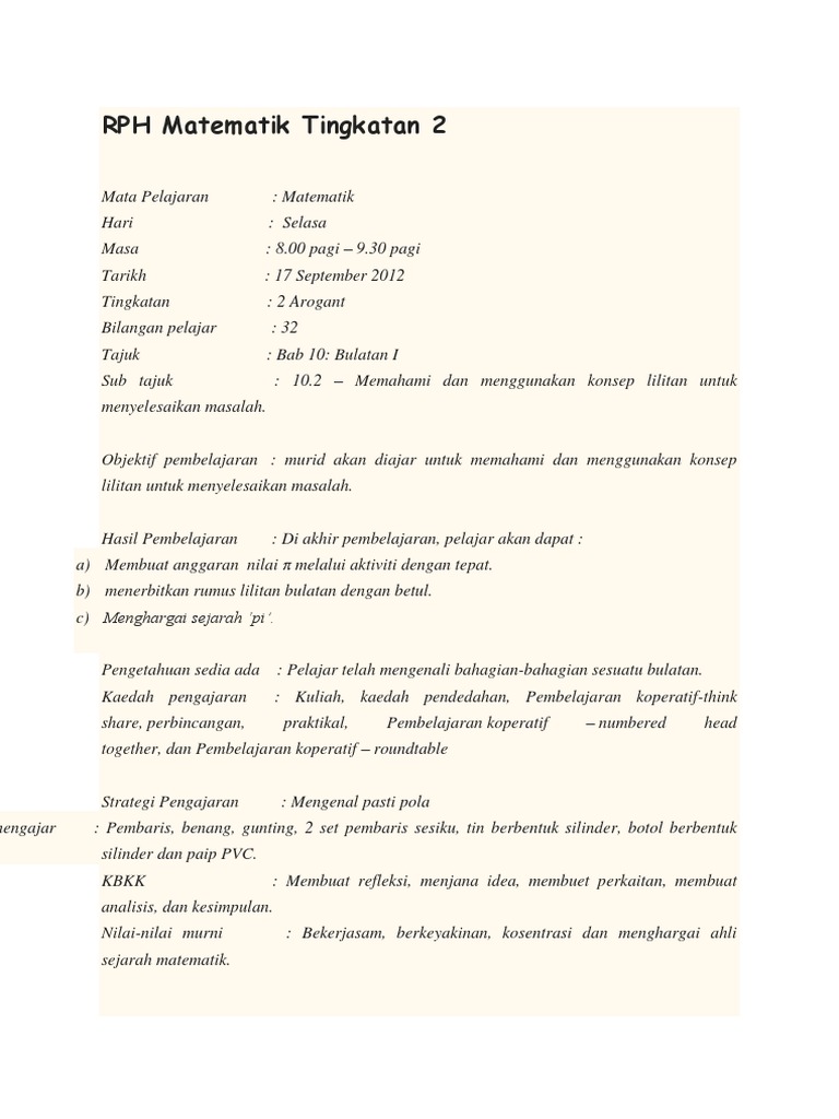 Contoh RPH Matematik Tingkatan 2 | PDF