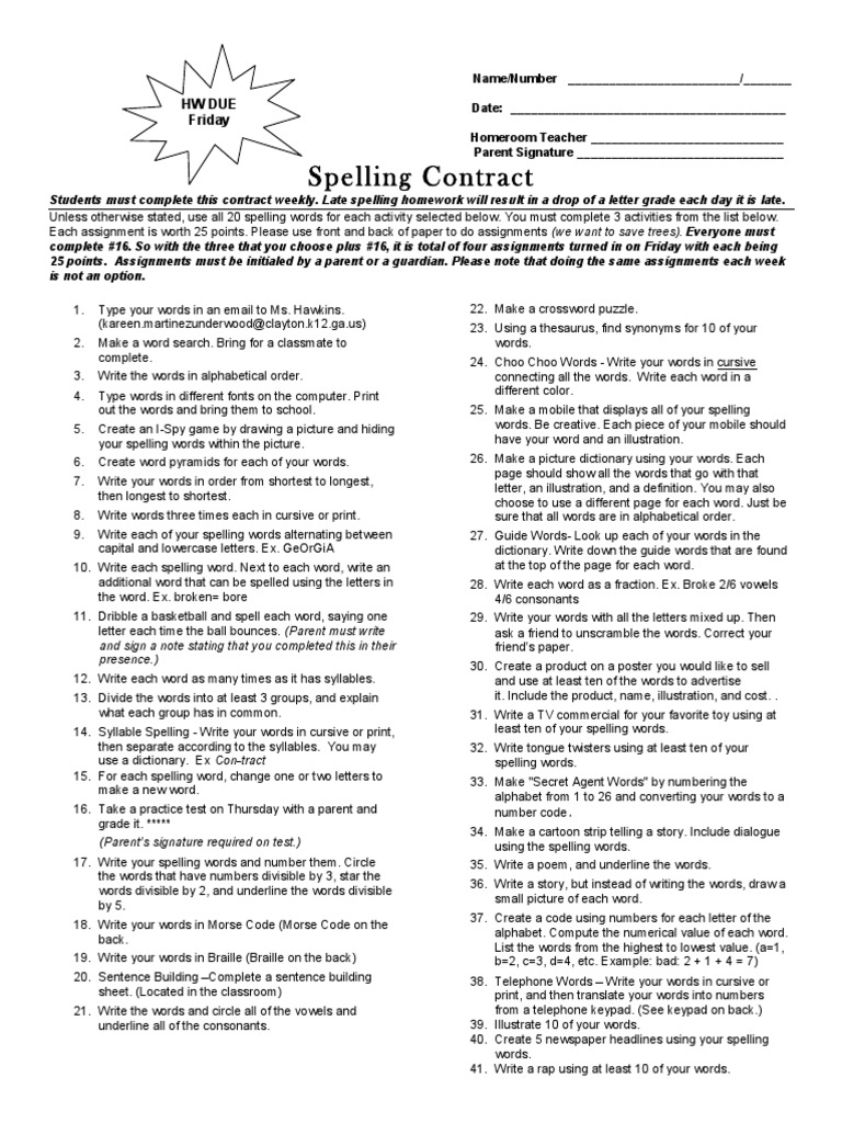 Weekly Spelling Homework Contract | PDF | Homework | Alphabet