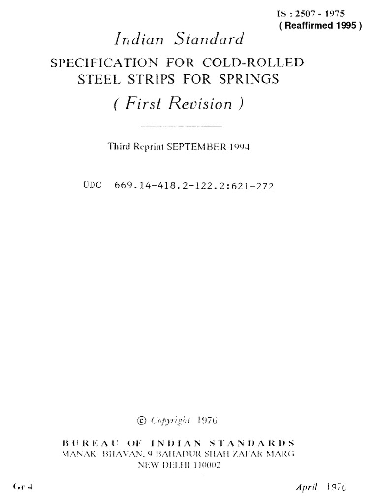 Specification For Cold-Rolled Steel Strips For Springs (First Recision ...