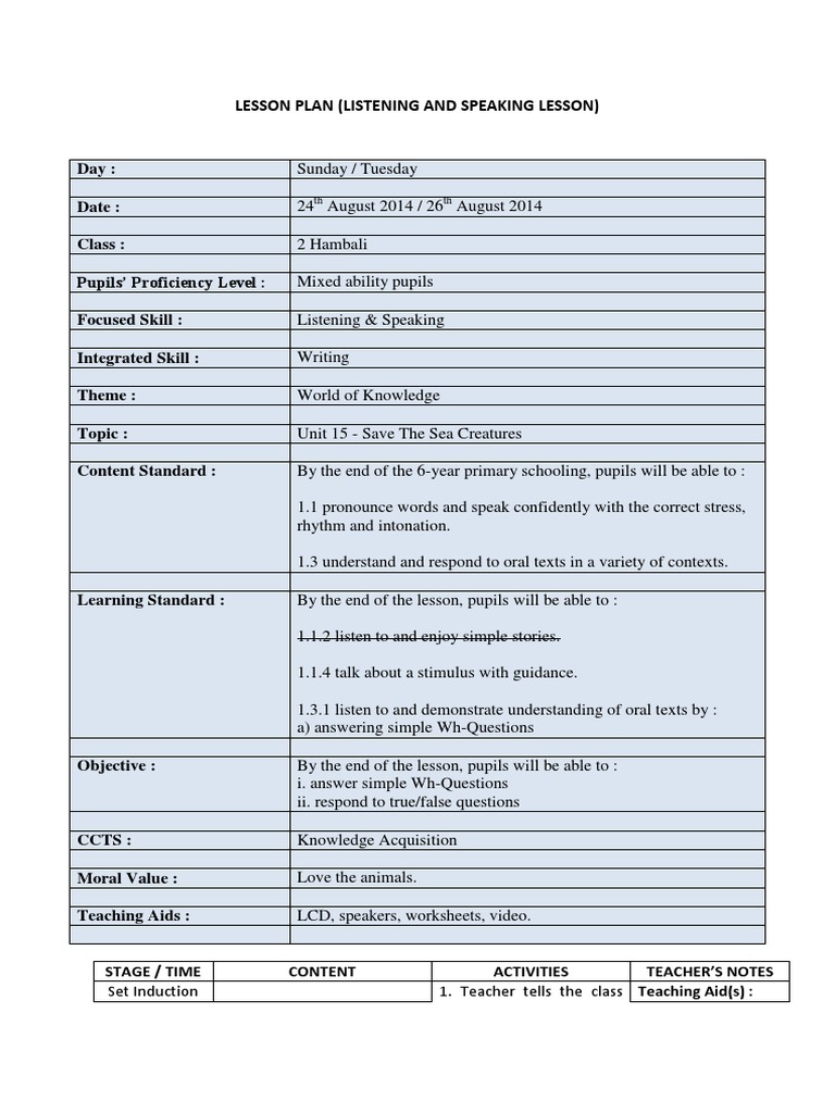 Listening & Speaking Lesson Plan: Save The Sea Creatures | PDF ...